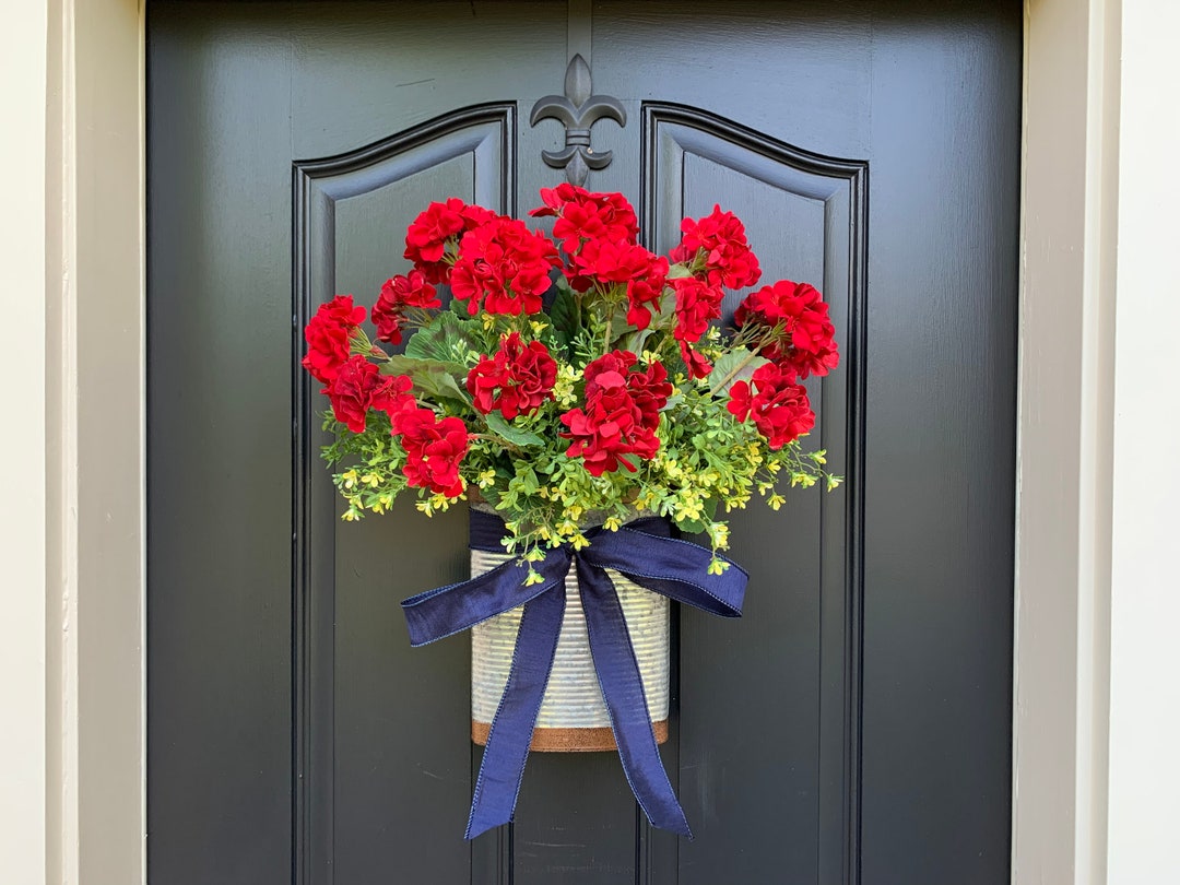 Red Geranium Basket for Front Door | Summer Door Bucket Wreath | Red ...