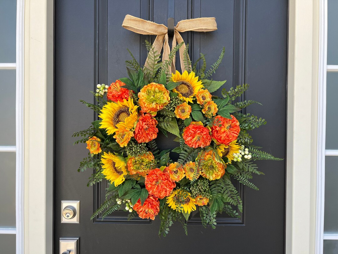 Faux Sunflower Wreath 22" | Front Door Spring Wreaths | Peony and Mum ...