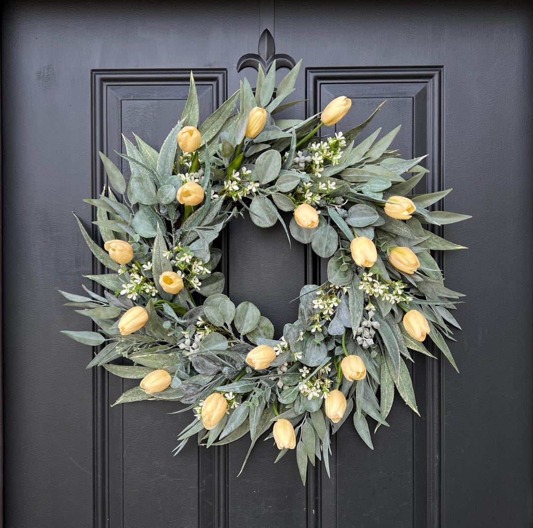 Yellow Tulip Wreath for Front Door, Easter Decor for Door, Bay Leaf and ...