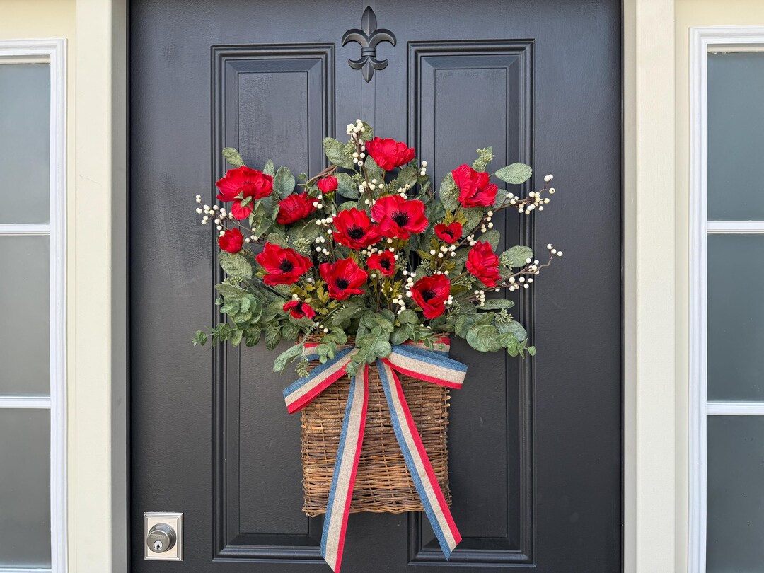 Red Poppy Front Door Basket With Eucalyptus, Symbol for Remembrance and ...