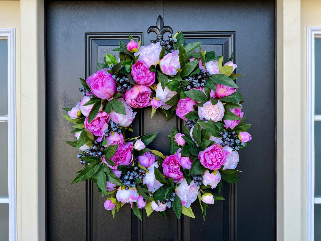 24 Inch Spring Peony Wreath With Blueberries, Front Door Pink Peony ...