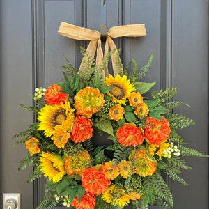 Faux Sunflower Wreath 22" | Front Door Spring Wreaths | Peony and Mum ...