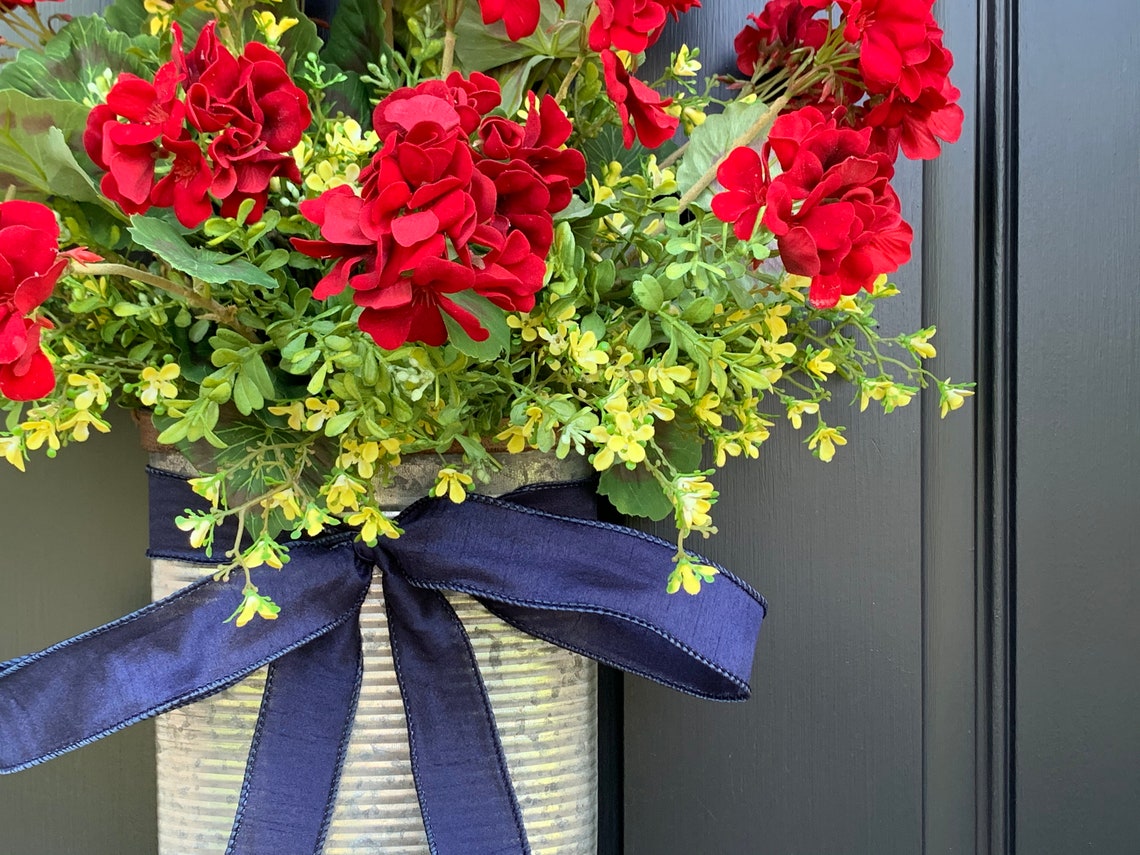 Red Geranium Basket for Front Door Summer Door Bucket Wreath | Etsy