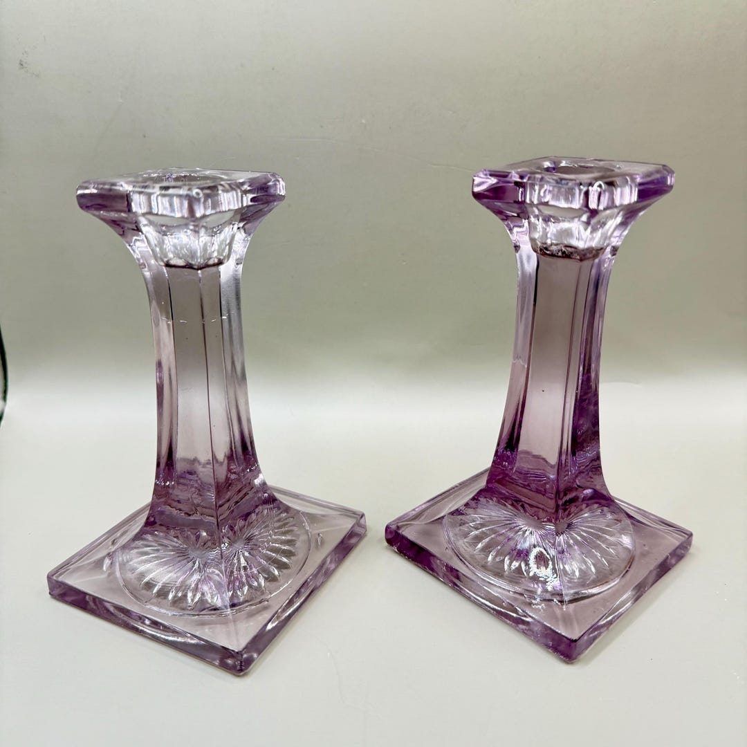 Demure PAIR of Lavender Pink Depression Glass Candlesticks Unique Rare ...