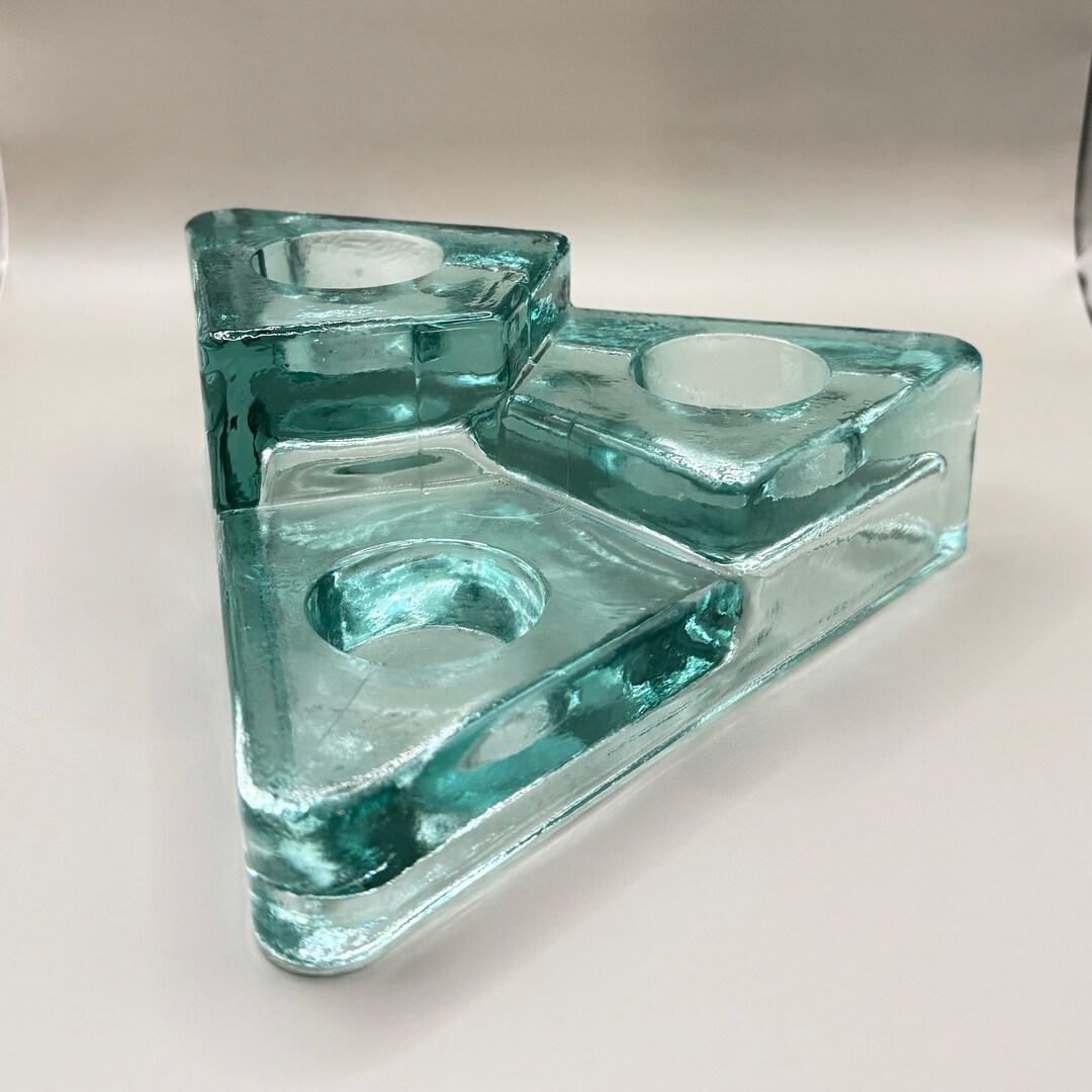 Mid-century Modern Three-tiered Heavy Glass Sea Green/blue Tealight ...
