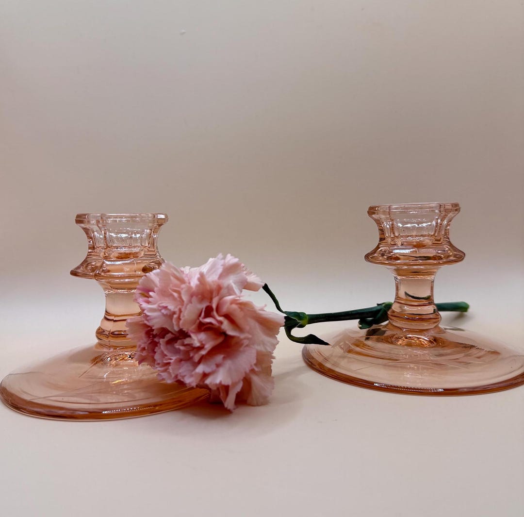 Pair Pink Depression Glass Candlesticks Candle Holders Taper Candles ...