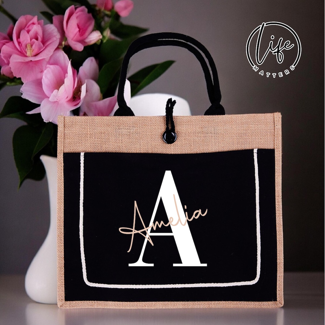 Personalized Name Jute and Canvas Tote Bag, Custom Initial Letters Jute ...