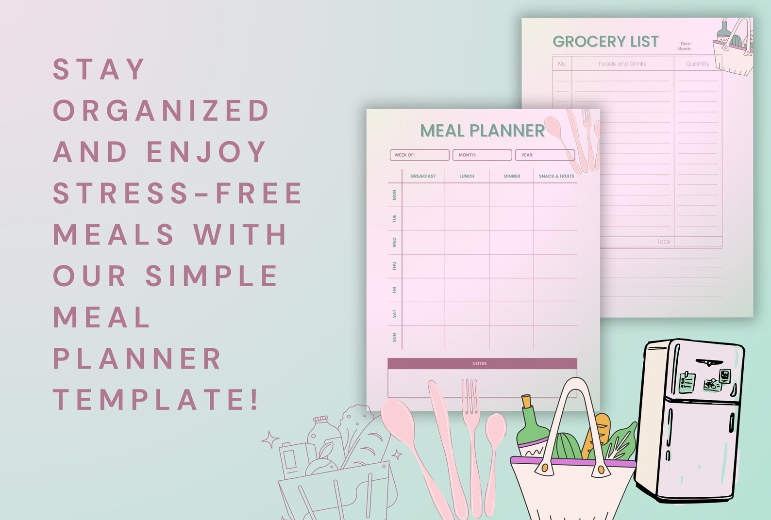 Printable Weekly Meal Planner Bundle Fridge Inventory, Food Journal ...