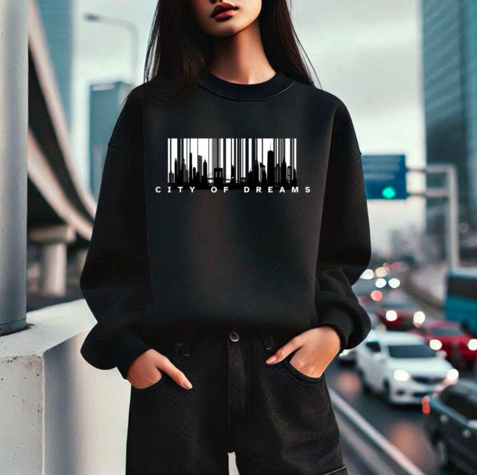 City of Dreams Sweatshirt | NYC Skyline Barcode Design | Urban Style ...