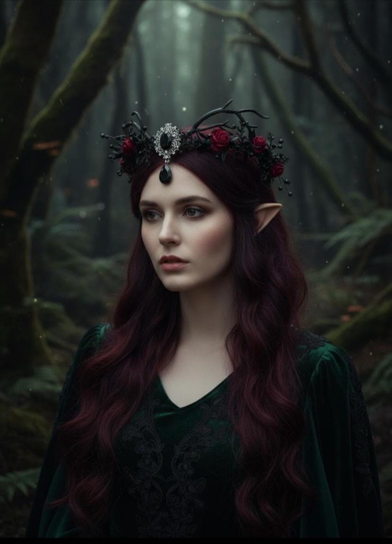 Black Elven Crown With Red Roses, Black Fairy Tiara, Elven Circlet With ...