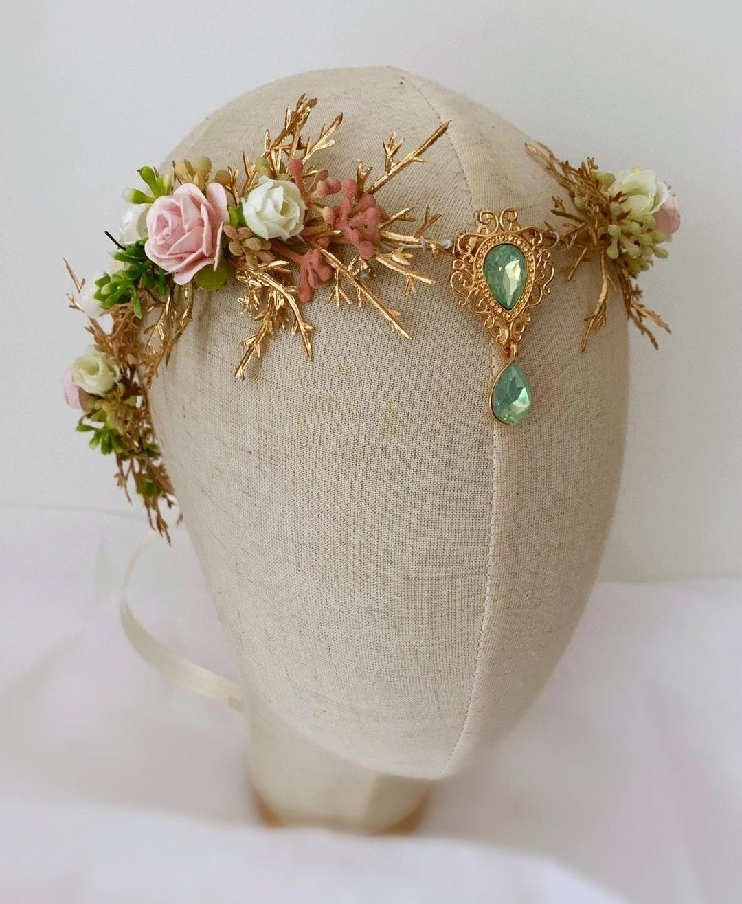 Elven Flower Crown, Gold Fairy Tiara With Roses, Elven Woodland Crown ...