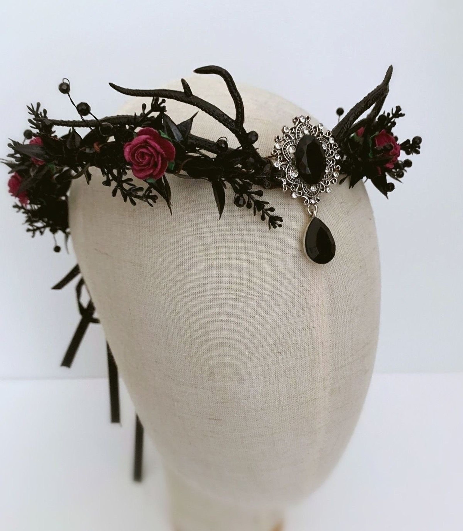 Black Elven Crown With Red Roses, Black Fairy Tiara, Elven Circlet With ...
