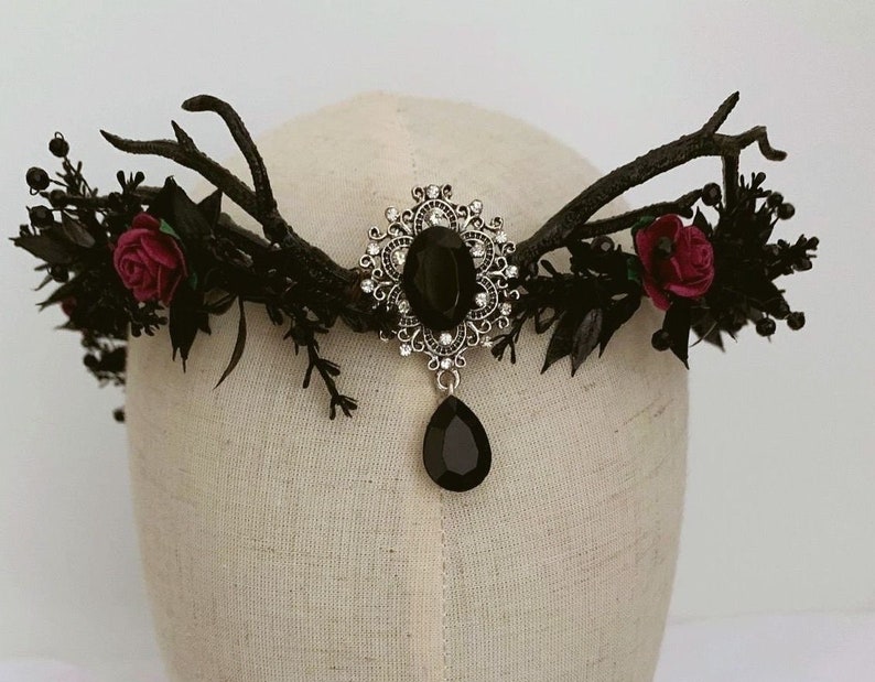 Black Elven Crown With Red Roses, Black Fairy Tiara, Elven Circlet With ...