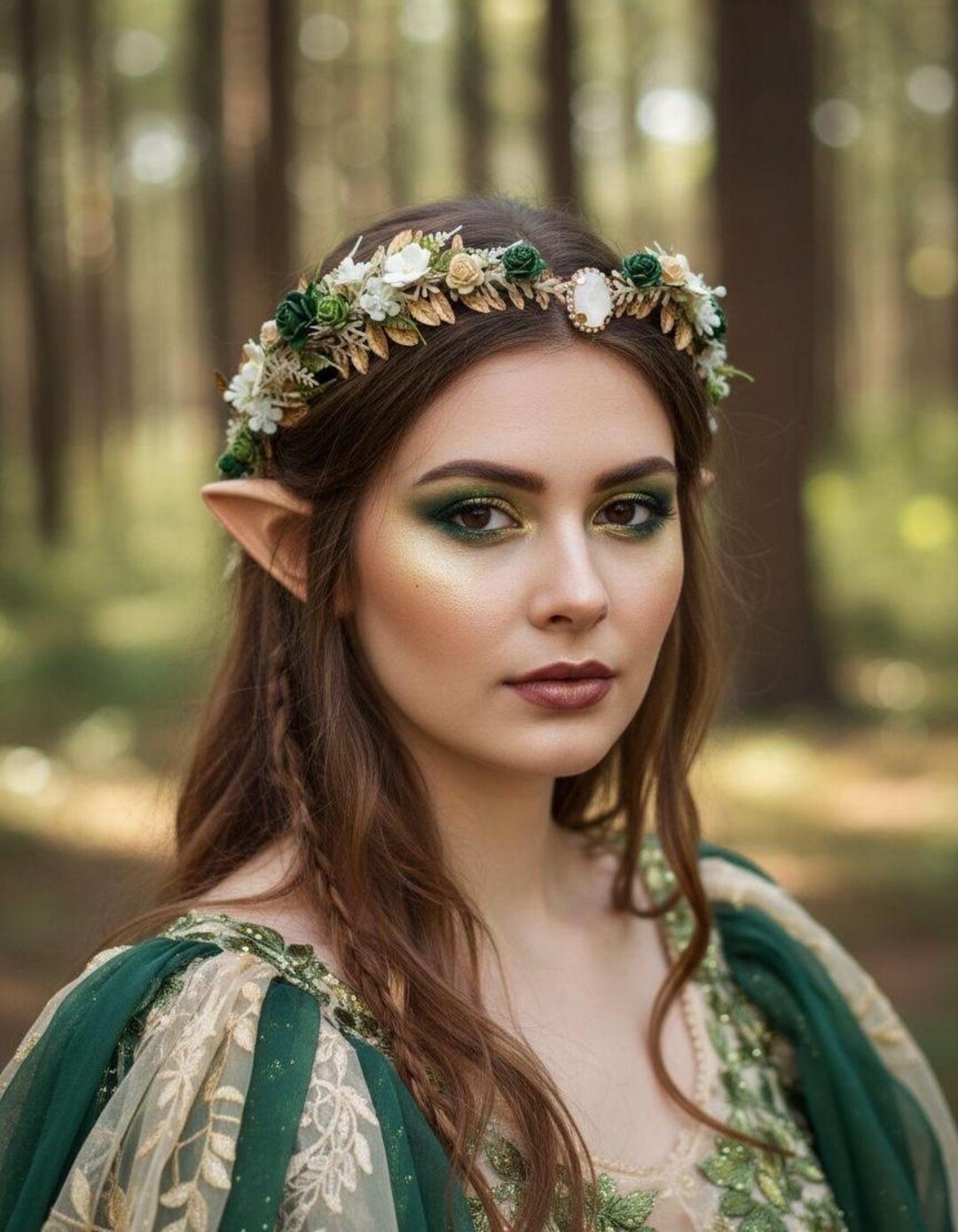 Gold Elven Crown With Green Roses, Winter Fairy Tiara, Green Elven ...
