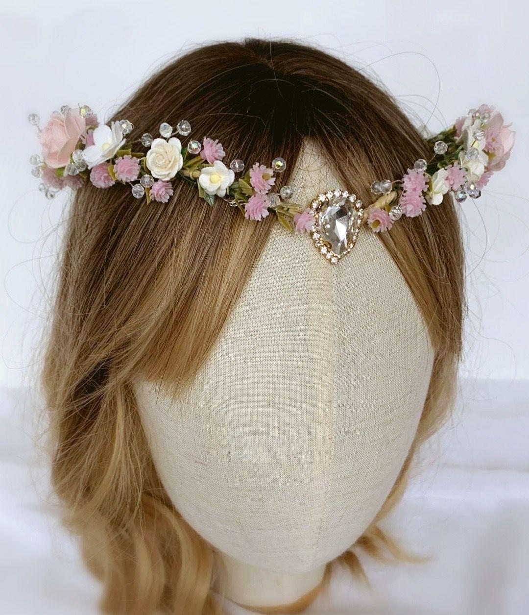 Elven Crown, Pink Fairy Tiara With Flowers, Elven Circlet With Sparkly ...