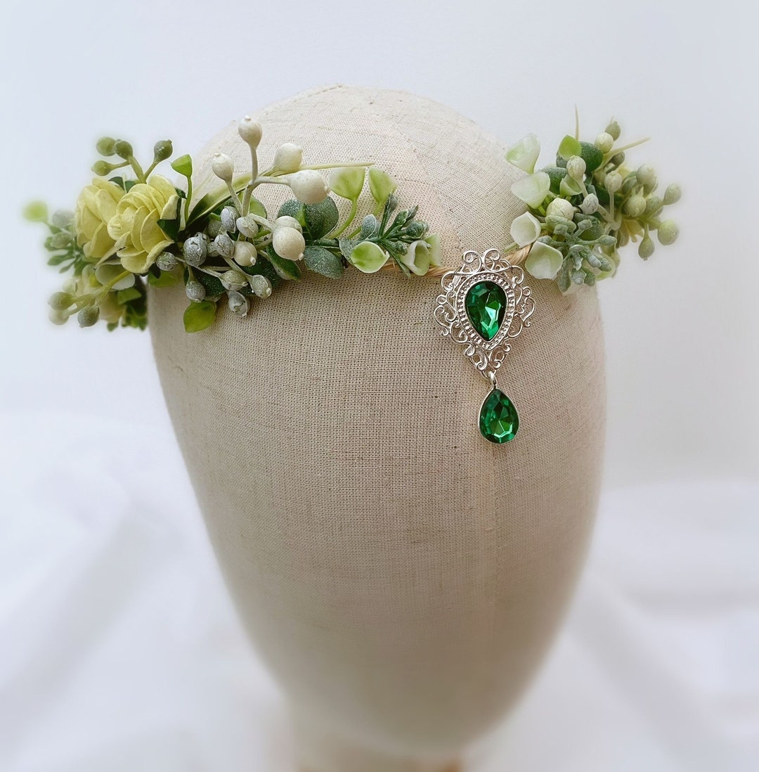 Elven Crown, Fairy Tiara, Elven Circlet With Green Crystal, Bridal ...