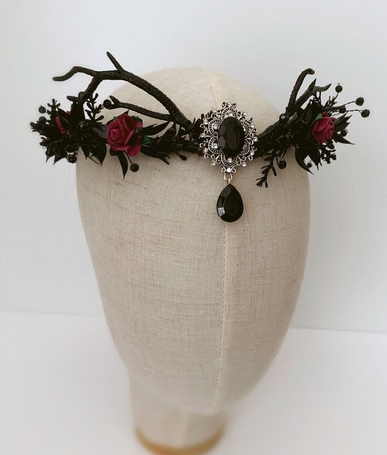 Black Elven Crown With Red Roses, Black Fairy Tiara, Elven Circlet With ...