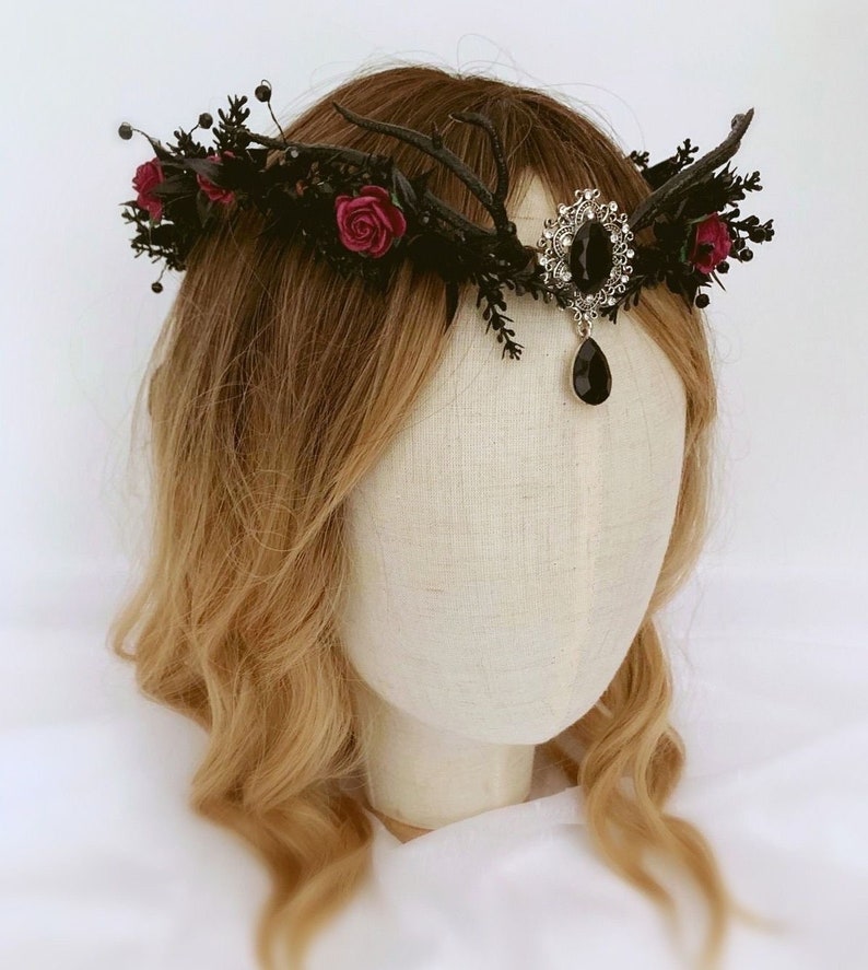 Black Elven Crown With Red Roses, Black Fairy Tiara, Elven Circlet With ...