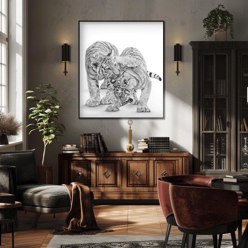 Tiger Cubs Art Wildlife Drawing Poster - Big Cat Wild Animal Art ...