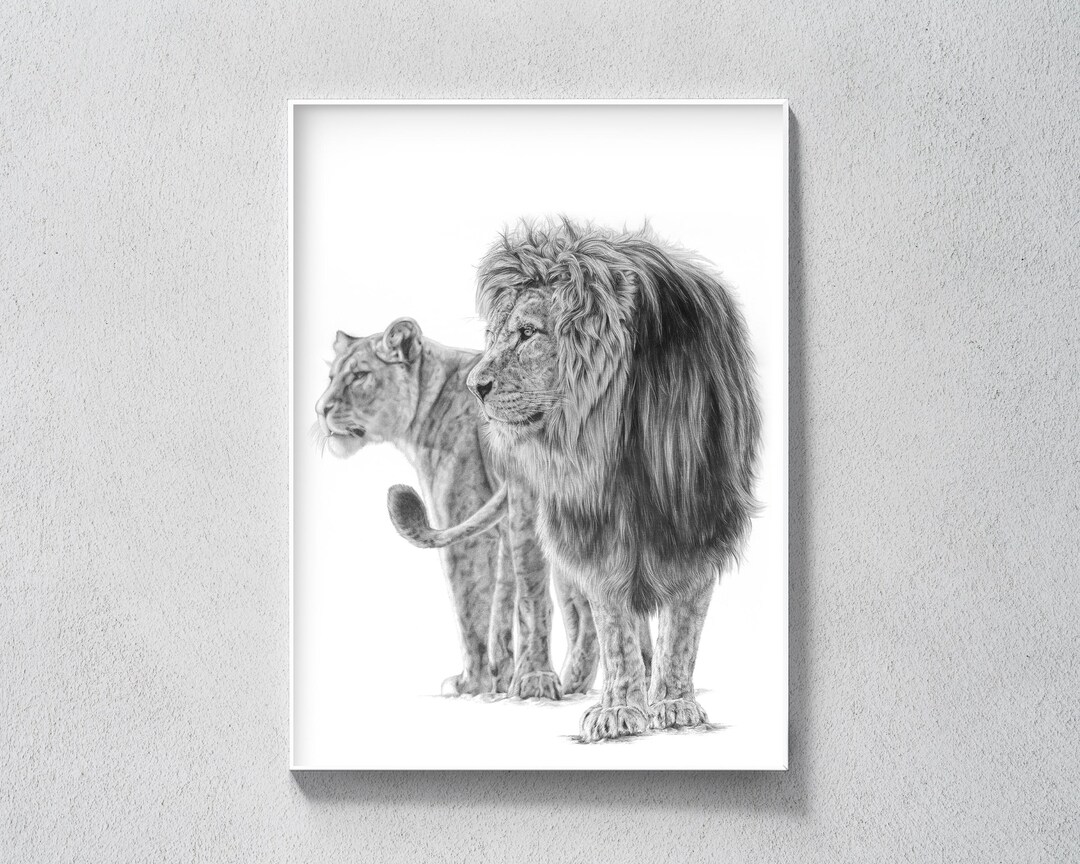 Lion Wall Art Wildlife Drawing Printable Wall Art, Big Cat Animal Art ...