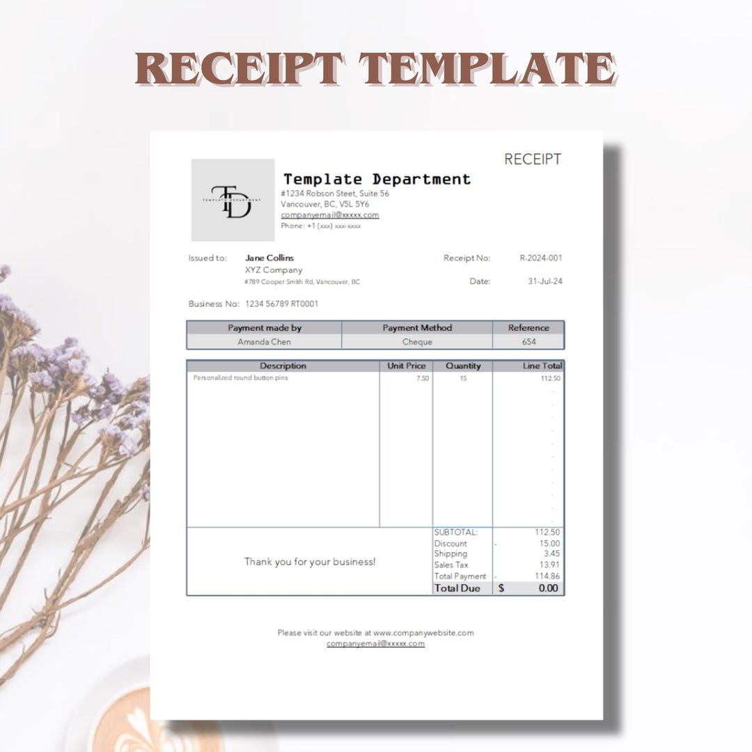 Modern Professional Receipt Template Fillable Receipt Template Custom ...