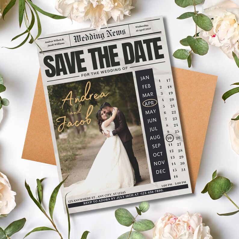 Wedding Newspaper Save the Date, Editable Newspaper Wedding Template ...