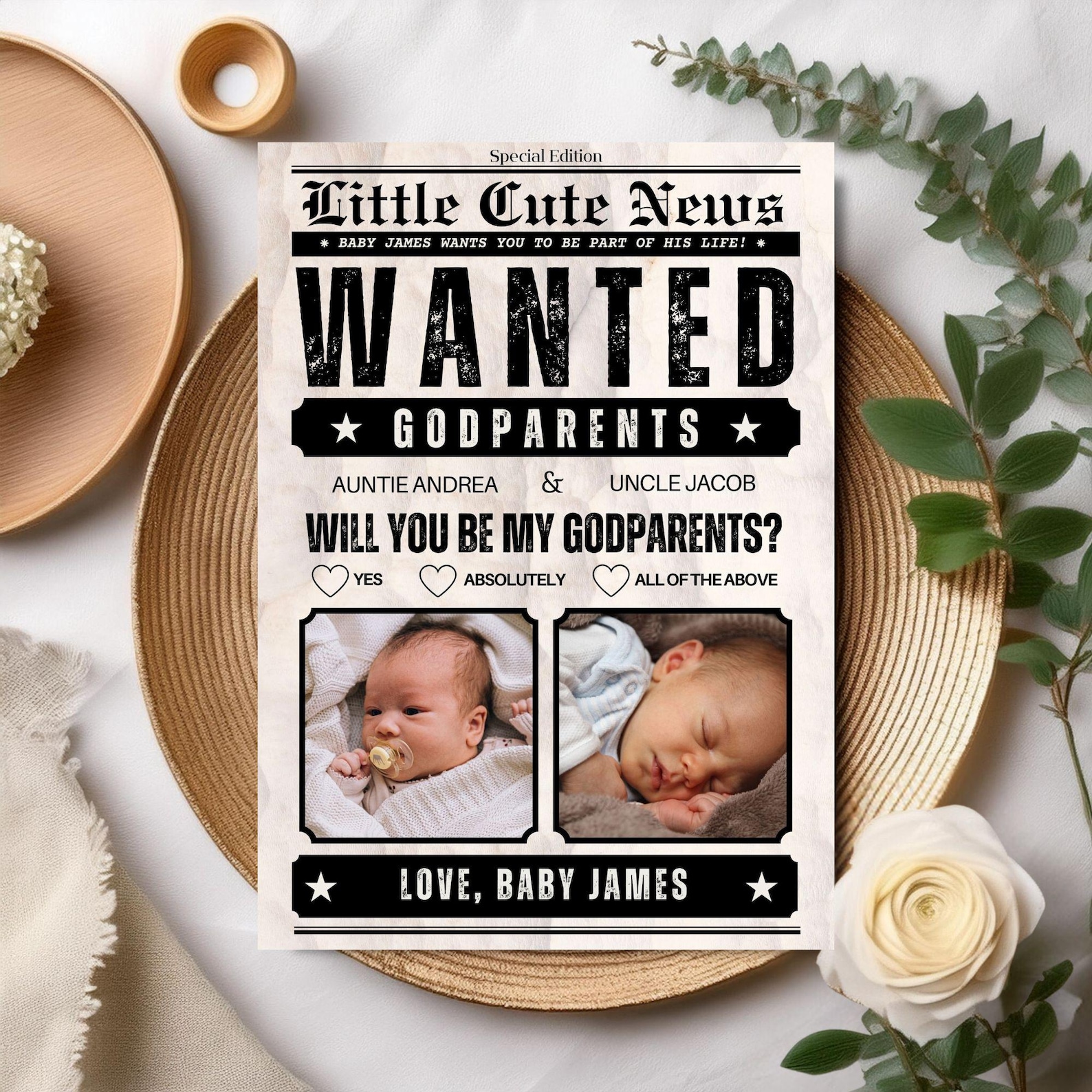 Godparents Proposal for Baptism, Godfather Proposal Wanted Newspaper ...
