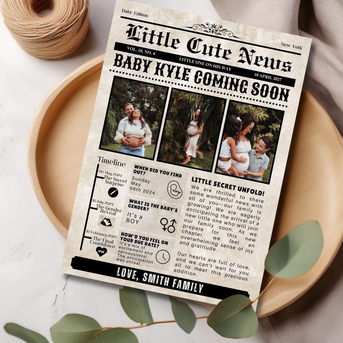 Newspaper Baby Announcement Template, Editable Newborn Newspaper Card ...