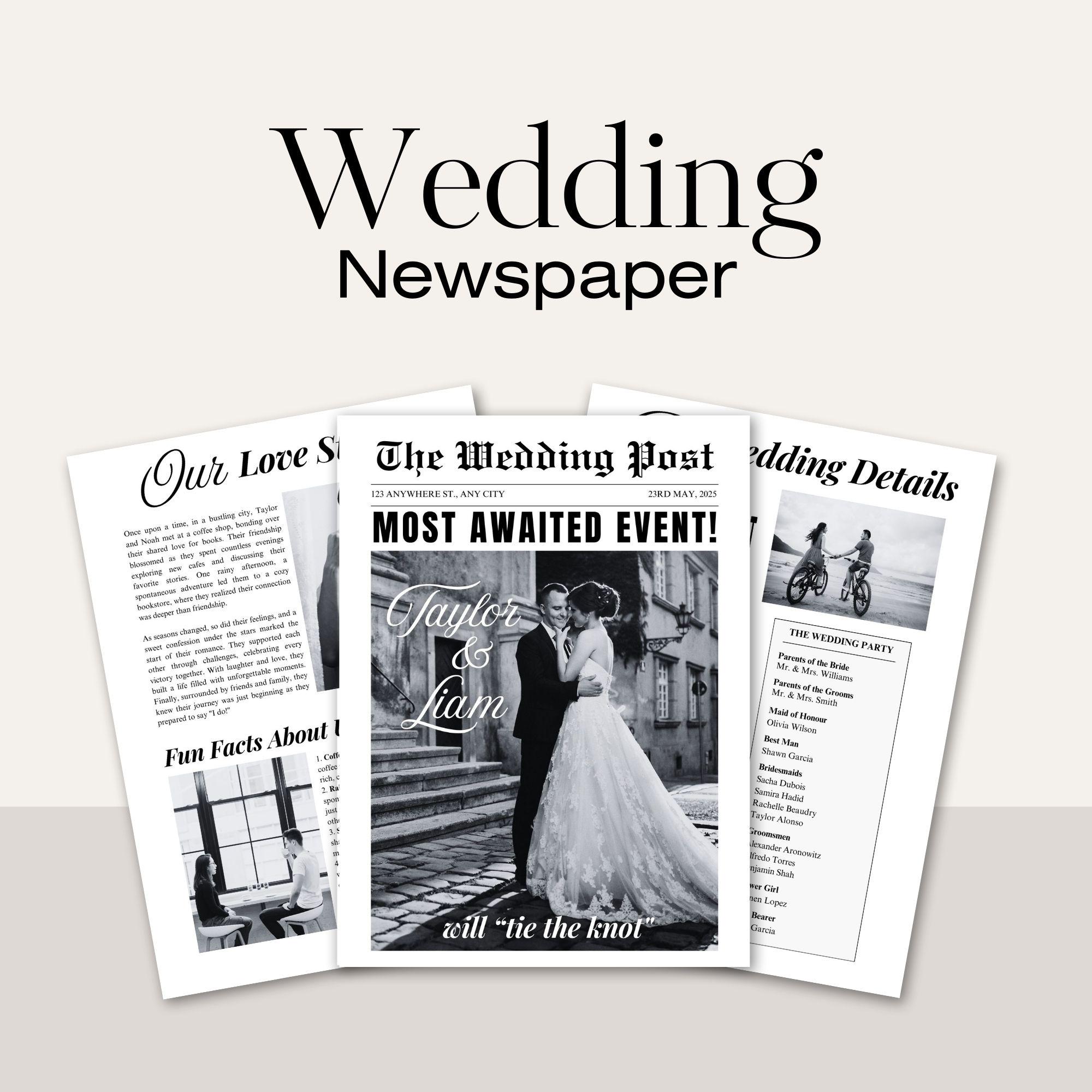 Folded Printable Wedding Newspaper Program Canva Template, Custom ...