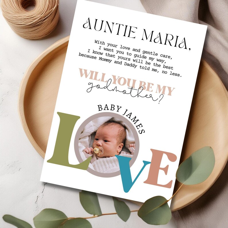 Editable Minimalist Photo Godparent Card, Printable Modern Baptism ...