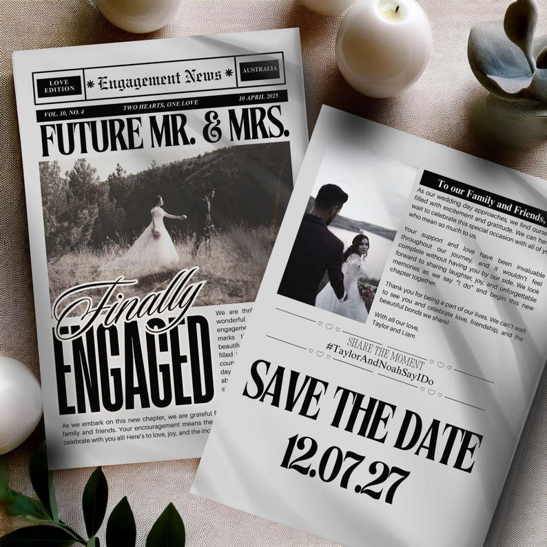 Newspaper Engagement Print Template, Newspaper Save the Date Wedding ...