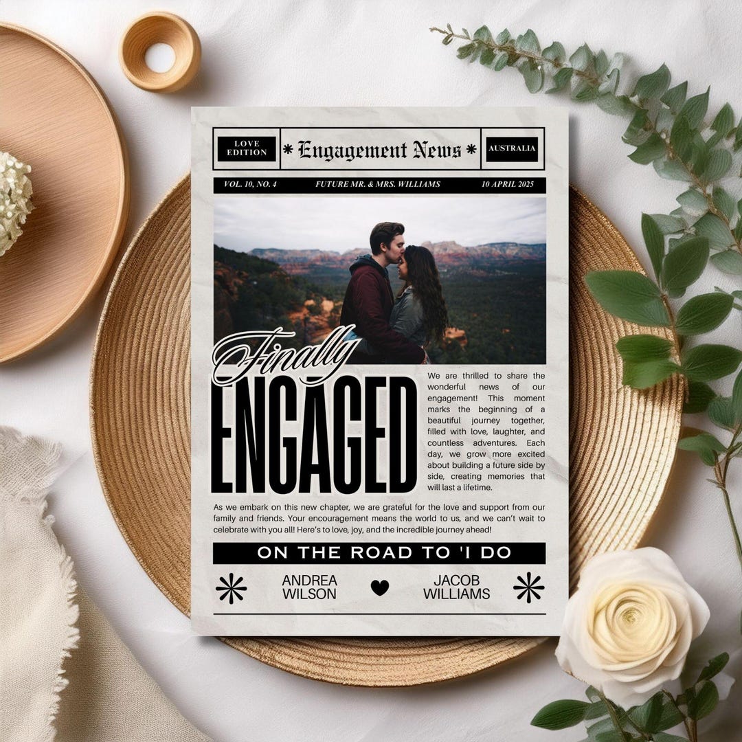 Newspaper Engagement Announcement, Engagement Newspaper Card, Canva ...