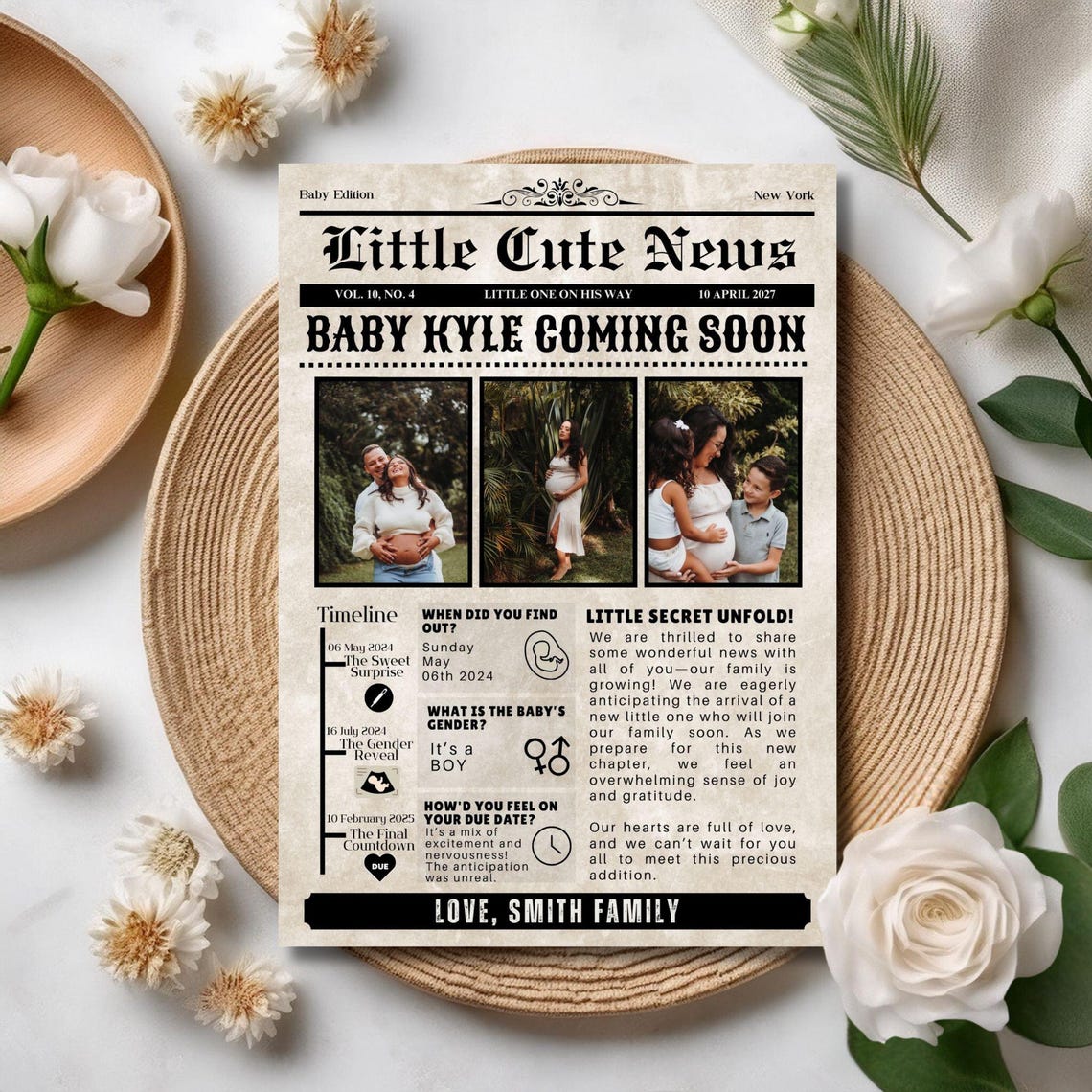 Newspaper Baby Announcement Template, Editable Newborn Newspaper Card ...
