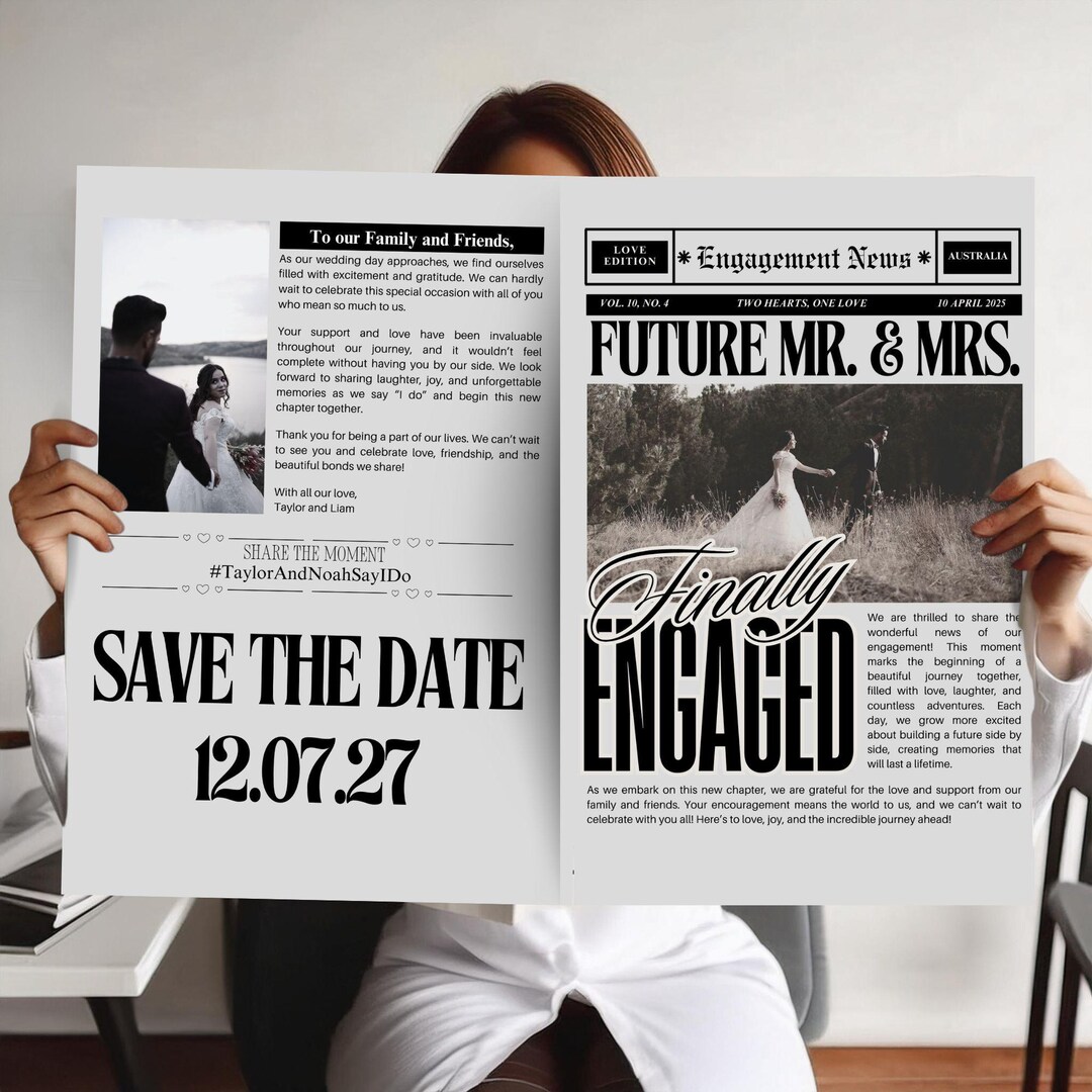 Newspaper Engagement Print Template, Newspaper Save the Date Wedding ...
