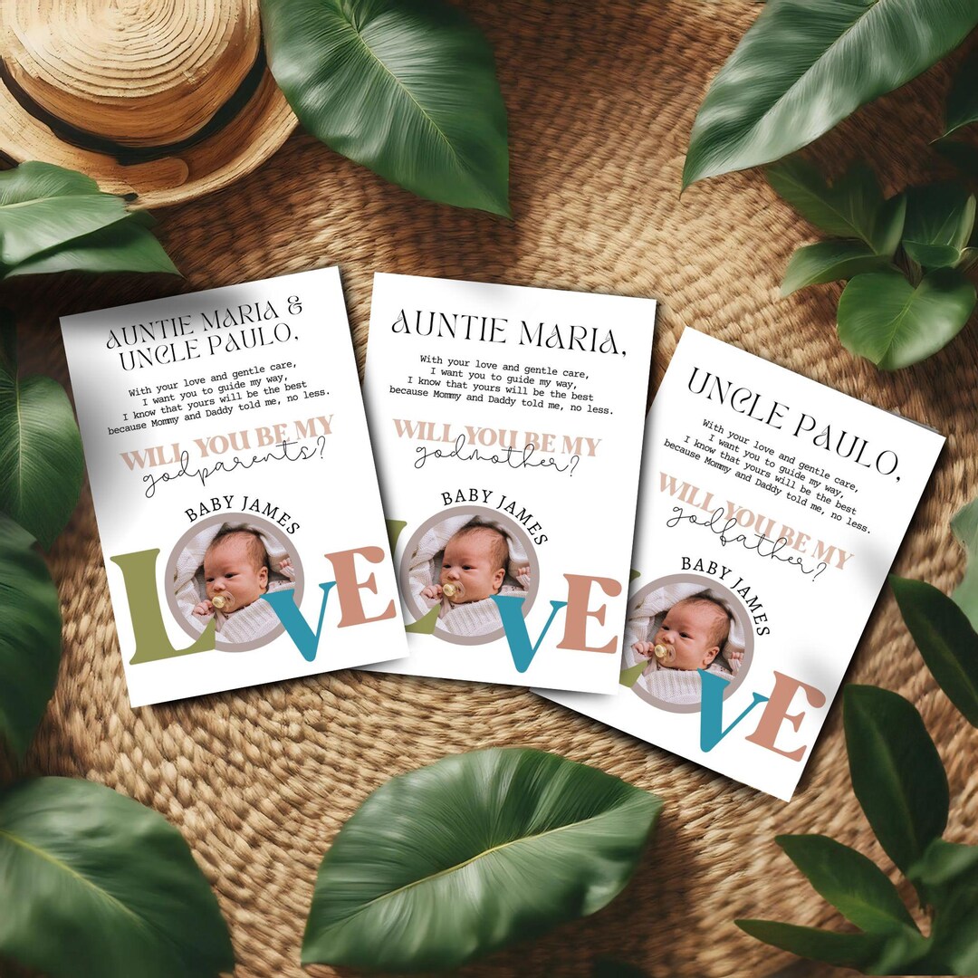 Editable Minimalist Photo Godparent Card, Printable Modern Baptism ...