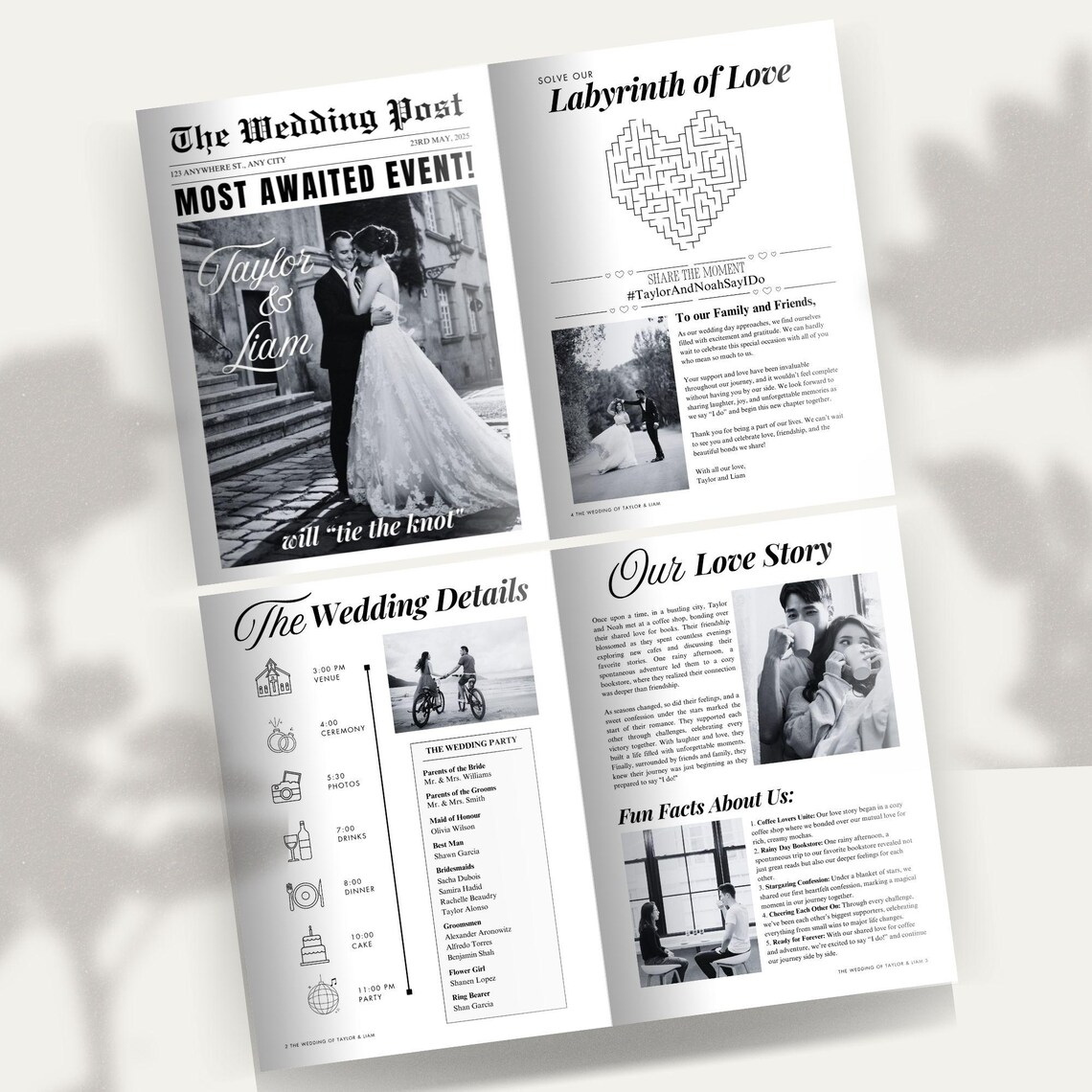Folded Printable Wedding Newspaper Program Canva Template, Custom ...
