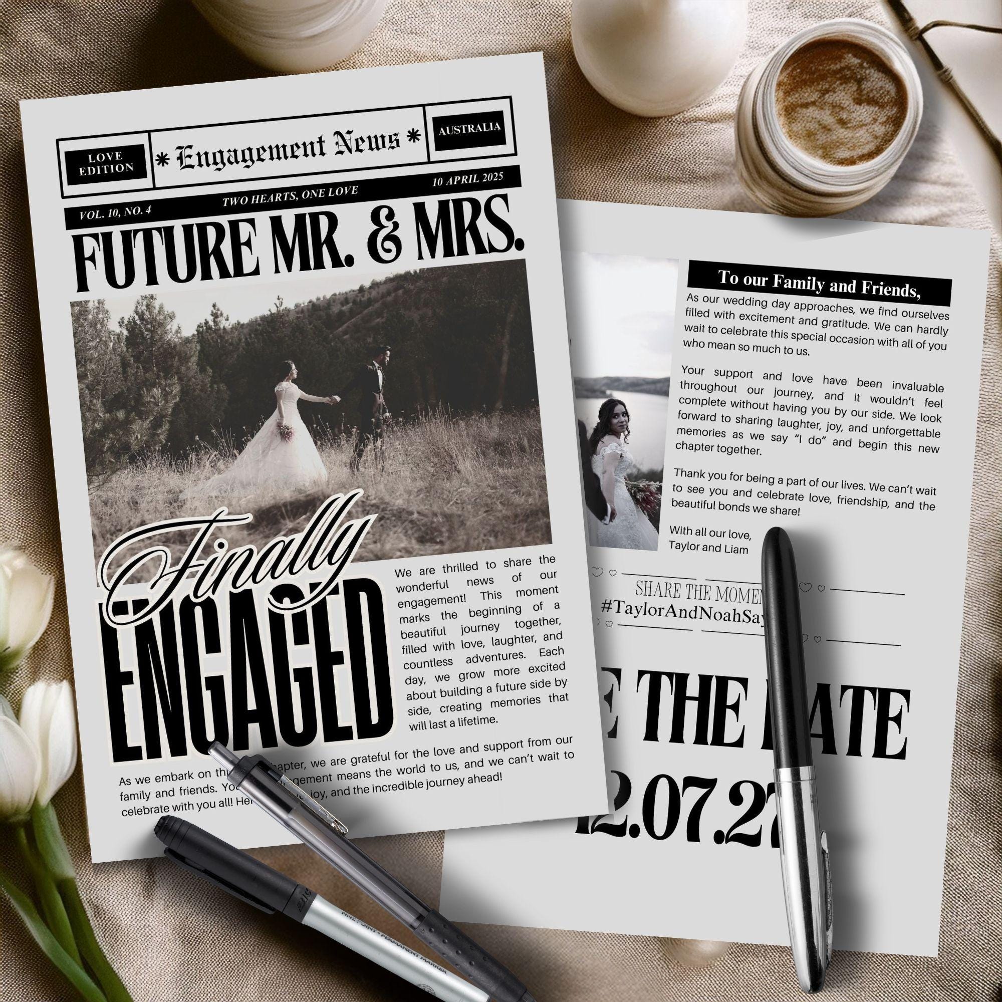 Newspaper Engagement Print Template, Newspaper Save the Date Wedding ...