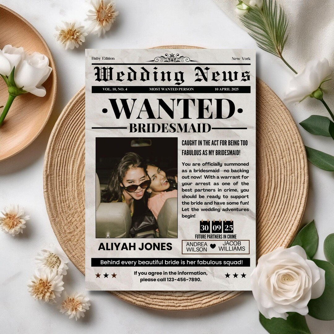 Bridesmaid Proposal Newspaper Poster, Maid of Honor Invitation, Wanted ...