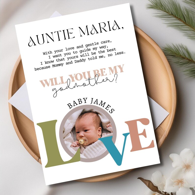 Editable Minimalist Photo Godparent Card, Printable Modern Baptism ...