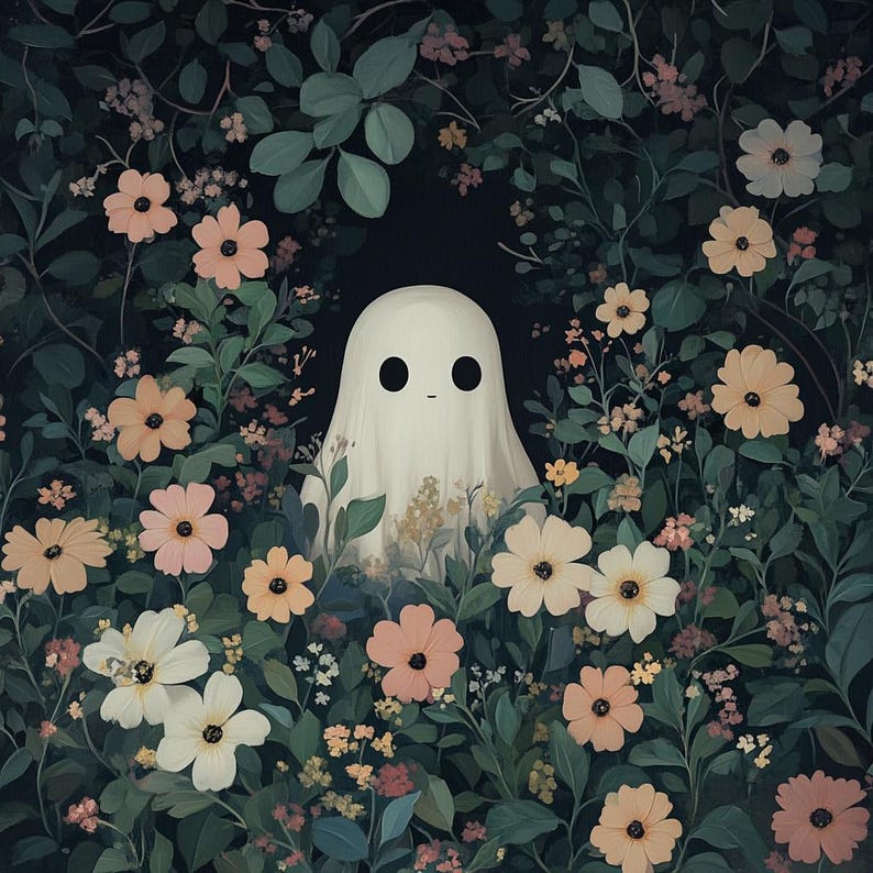 24 Ghost in Floral Garden Clipart, Cute Ghost Illustration, Halloween ...