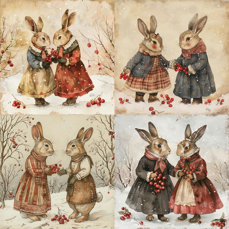 24 Vintage Winter Bunny Clipart, Christmas Rabbit Illustration ...