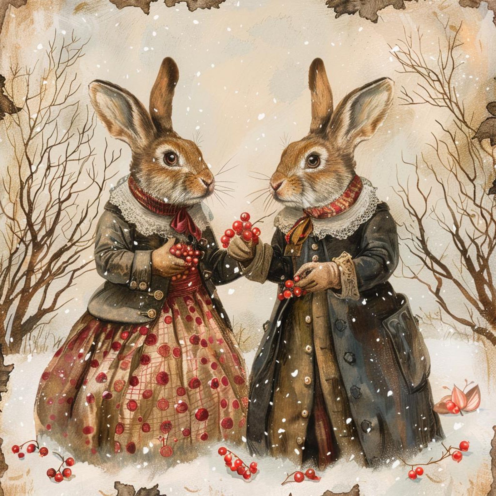 24 Vintage Winter Bunny Clipart, Christmas Rabbit Illustration ...