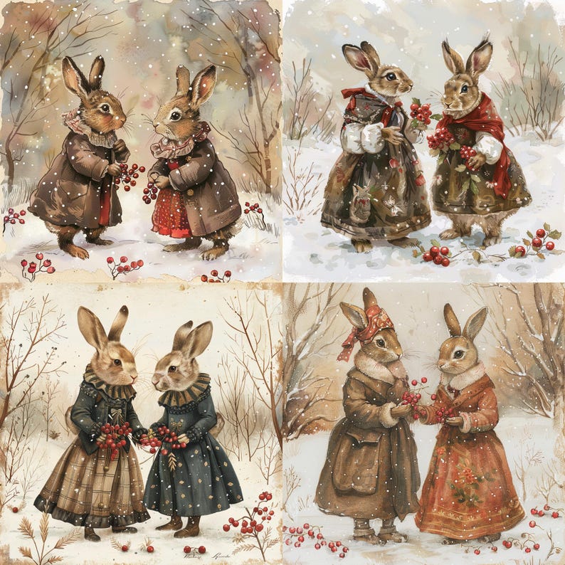 24 Vintage Winter Bunny Clipart, Christmas Rabbit Illustration ...
