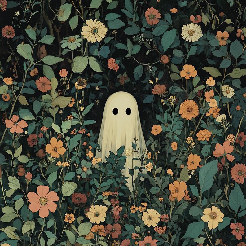 24 Ghost in Floral Garden Clipart, Cute Ghost Illustration, Halloween ...