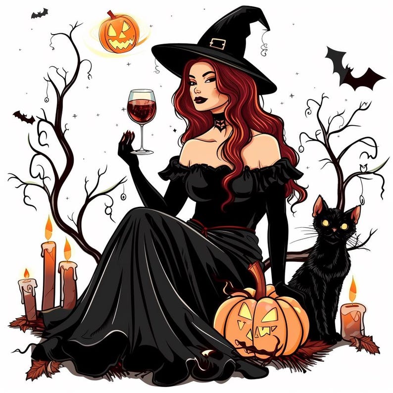 24 Halloween Witch Clipart, Black Cat and Pumpkins, Gothic Artwork ...