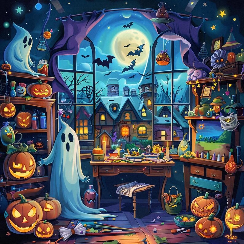 24 Spooky Halloween Clipart Digital Download, Ghost Haunted House Scene ...