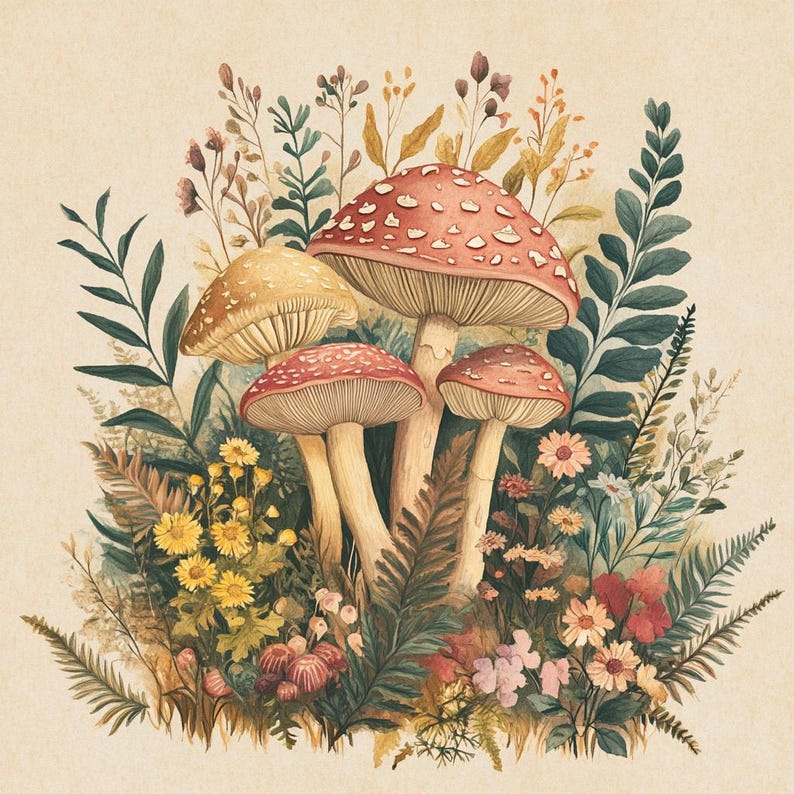 24 Woodland Mushroom Clipart, Forest Fungi Illustration, Nature Decor ...