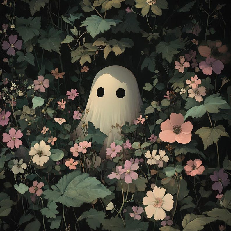 24 Ghost in Floral Garden Clipart, Cute Ghost Illustration, Halloween ...