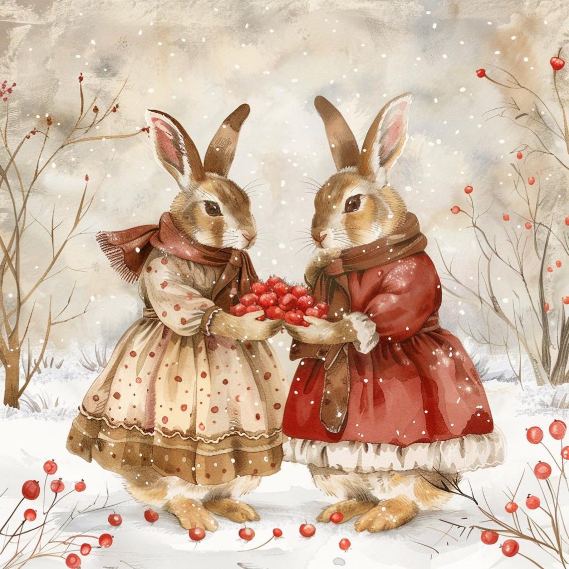 24 Vintage Winter Bunny Clipart, Christmas Rabbit Illustration ...