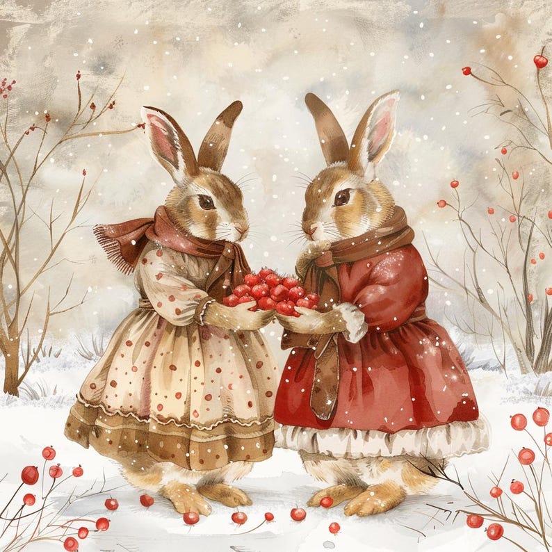 24 Vintage Winter Bunny Clipart, Christmas Rabbit Illustration ...